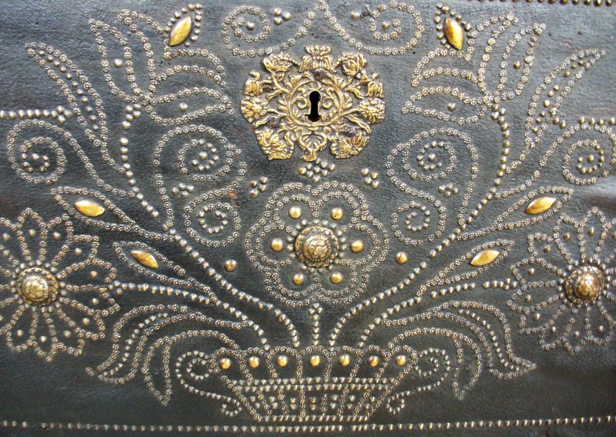 Antique Leather Clad Coffer Panel with Nailhead Details