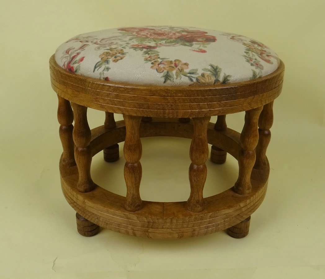 Round Upholstered Oak Foot Stool