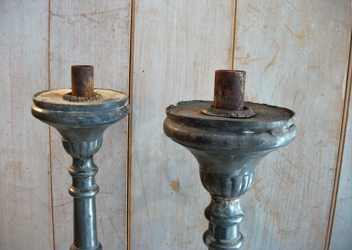 A Pair of Pewter Tall Candlesticks